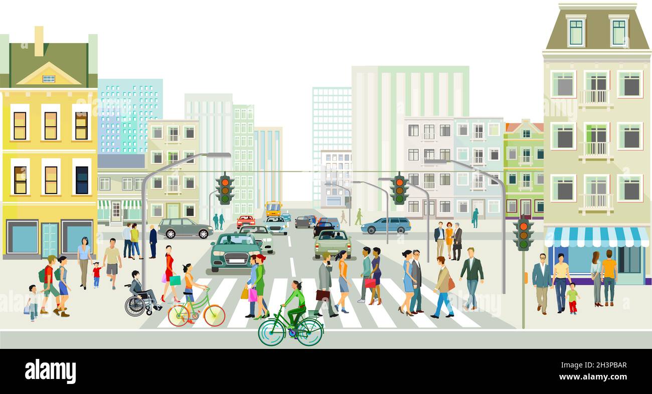 Streets with people and traffic in front of a big city illustration ...