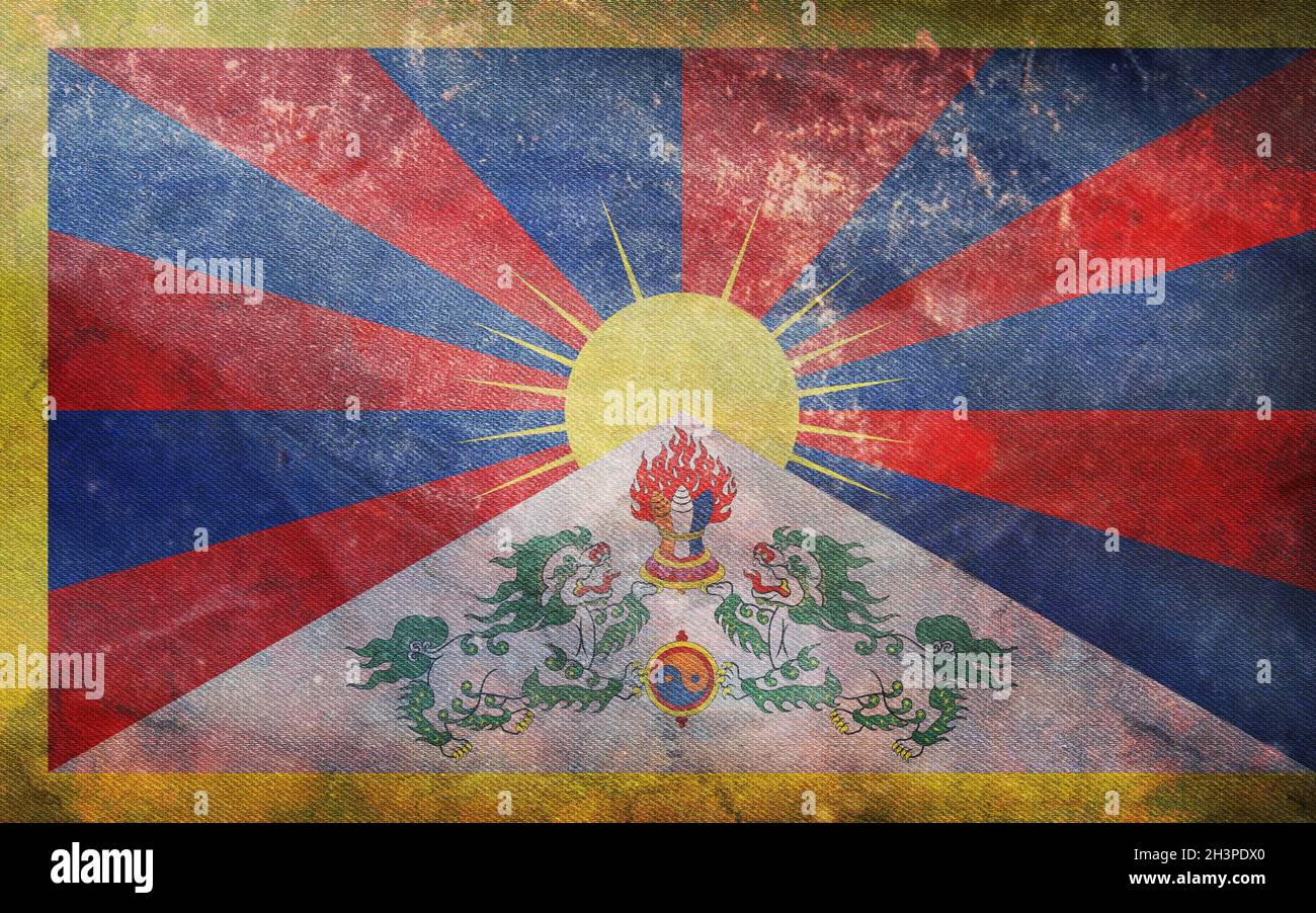 Top view of retro flag of Tibet with grunge texture. People's Republic ...