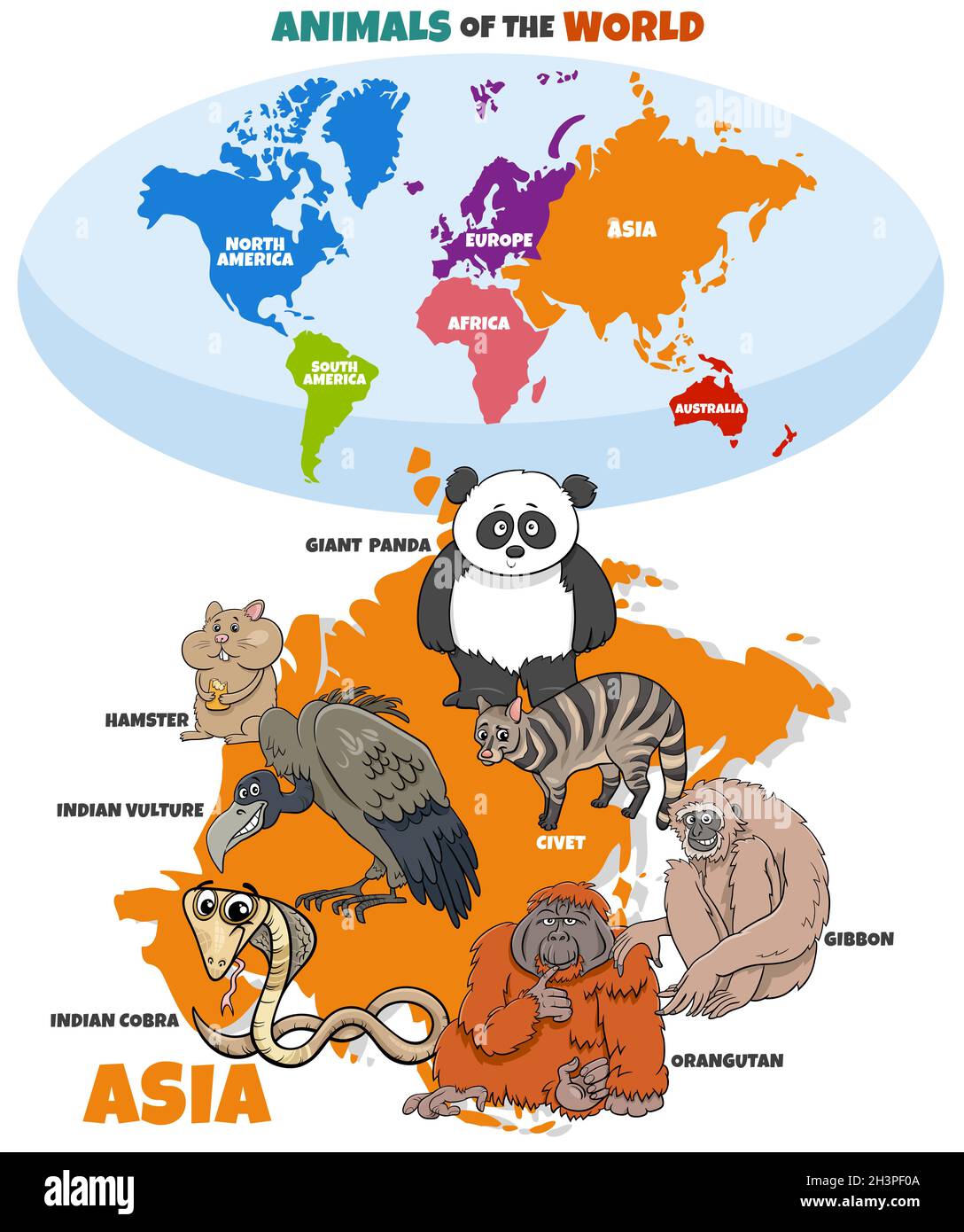 Educational illustration of cartoon Asian animals and world map Stock ...