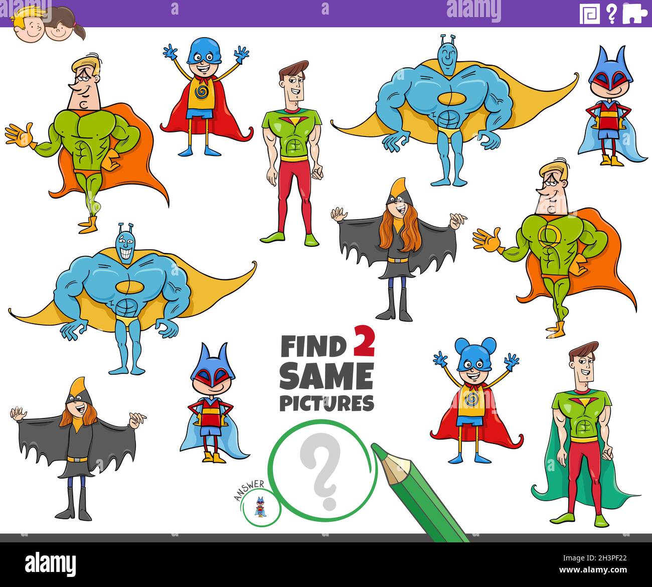 Find two same super heroes characters educational game Stock Photo - Alamy