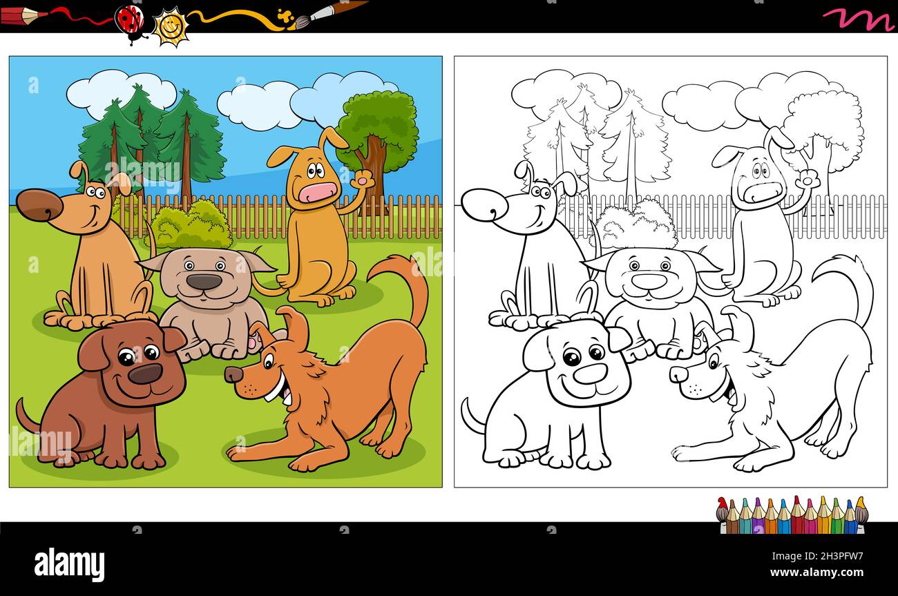 Cartoon dogs and puppies group coloring book page Stock Photo - Alamy