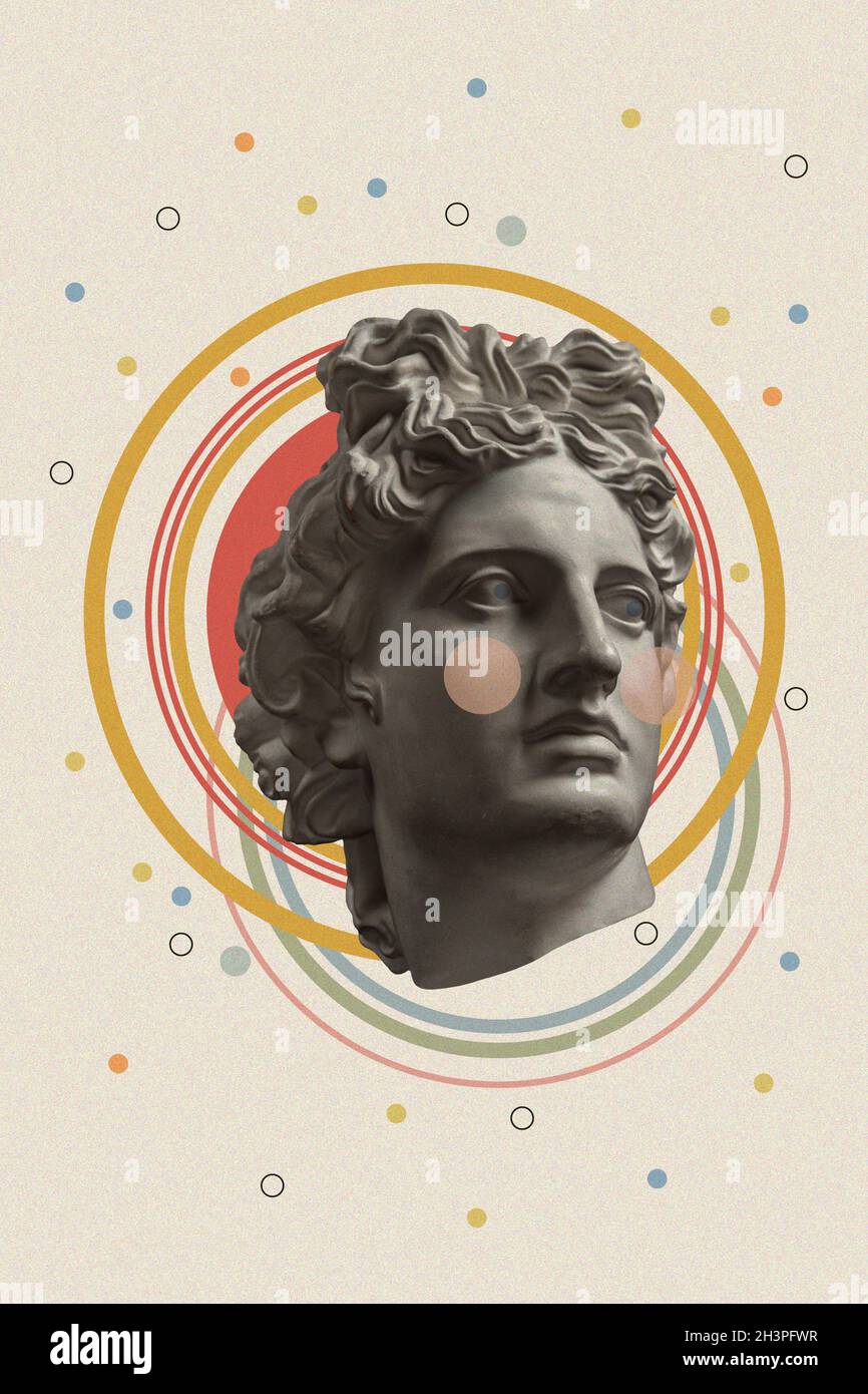 Art collage with antique sculpture of Apollo face and numbers ...