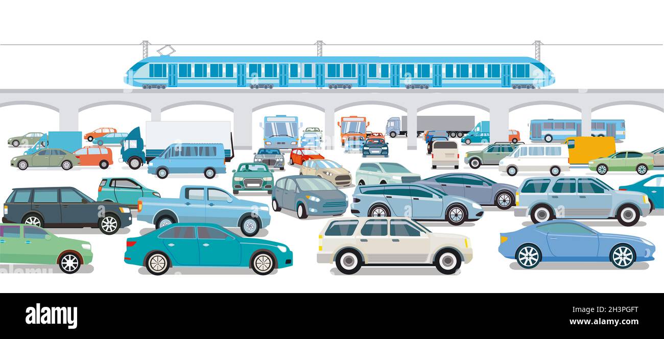 Cars on the intersection with the express train Stock Photo - Alamy