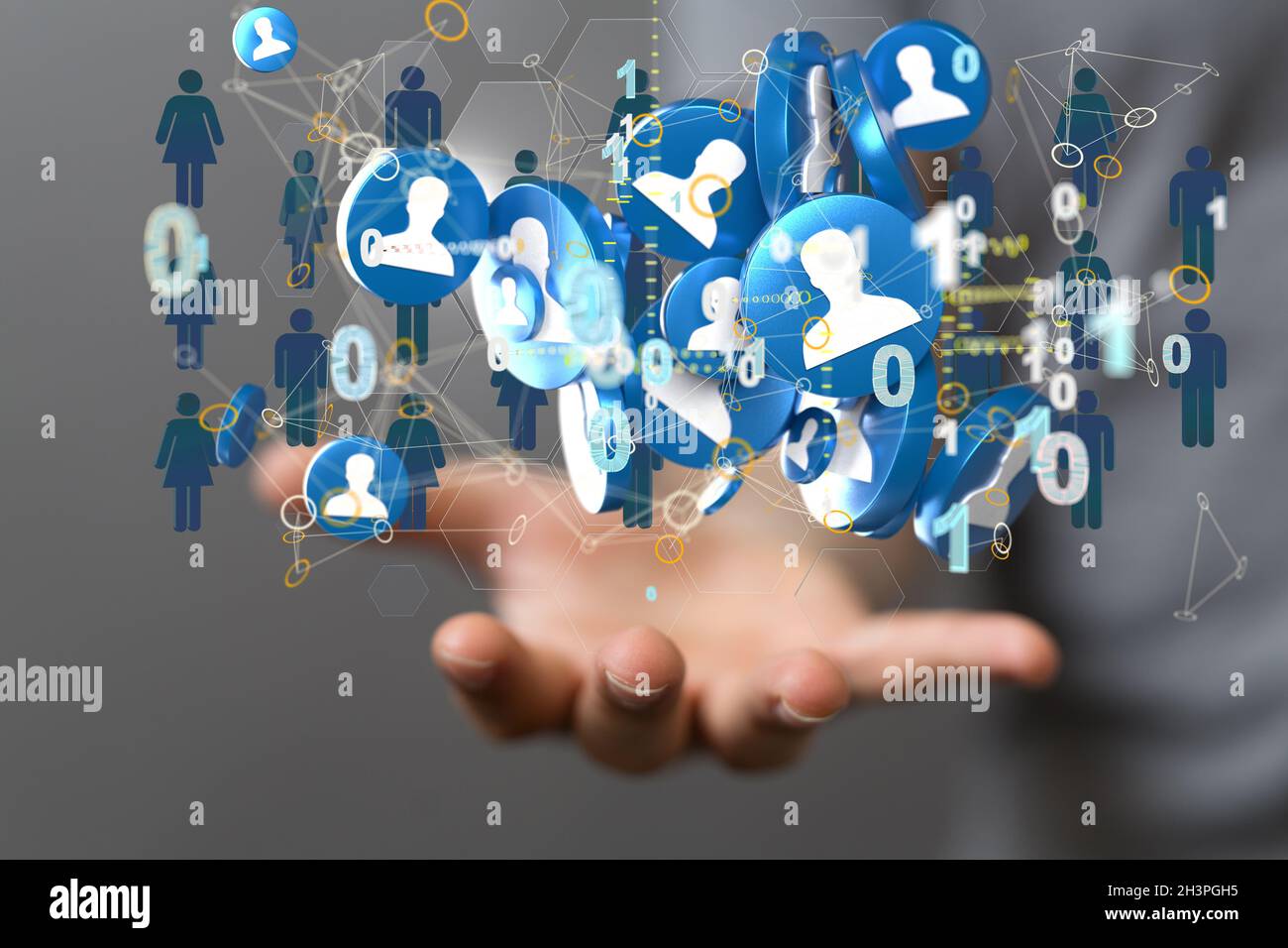 3D rendering of a group of floating blue people icons on a businessman ...