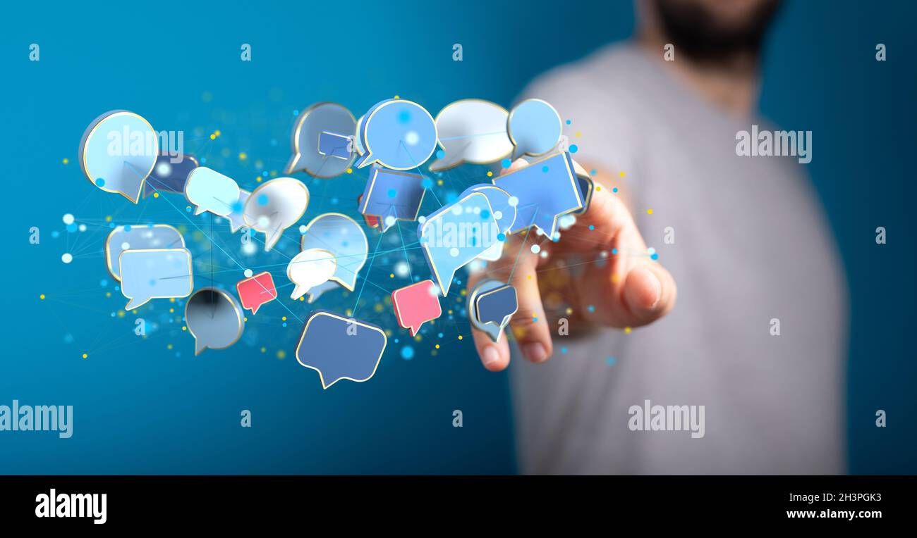3D rendering of a man pointing at floating email icons - Concept of ...
