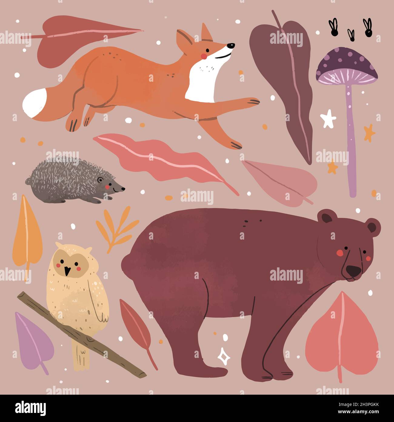 hand drawn autumn animals collection vector design illustration Stock ...