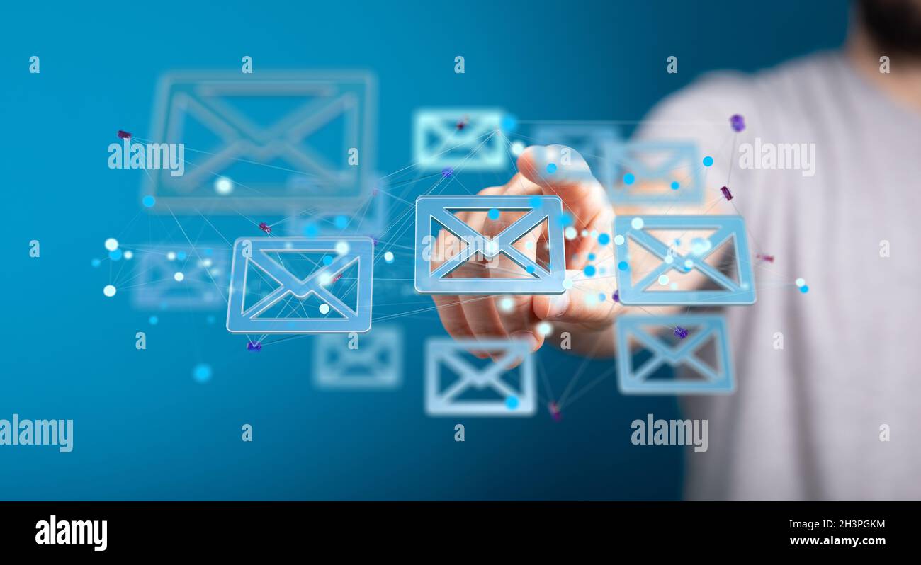 3D rendering of a man pointing at floating email icons - Concept of ...