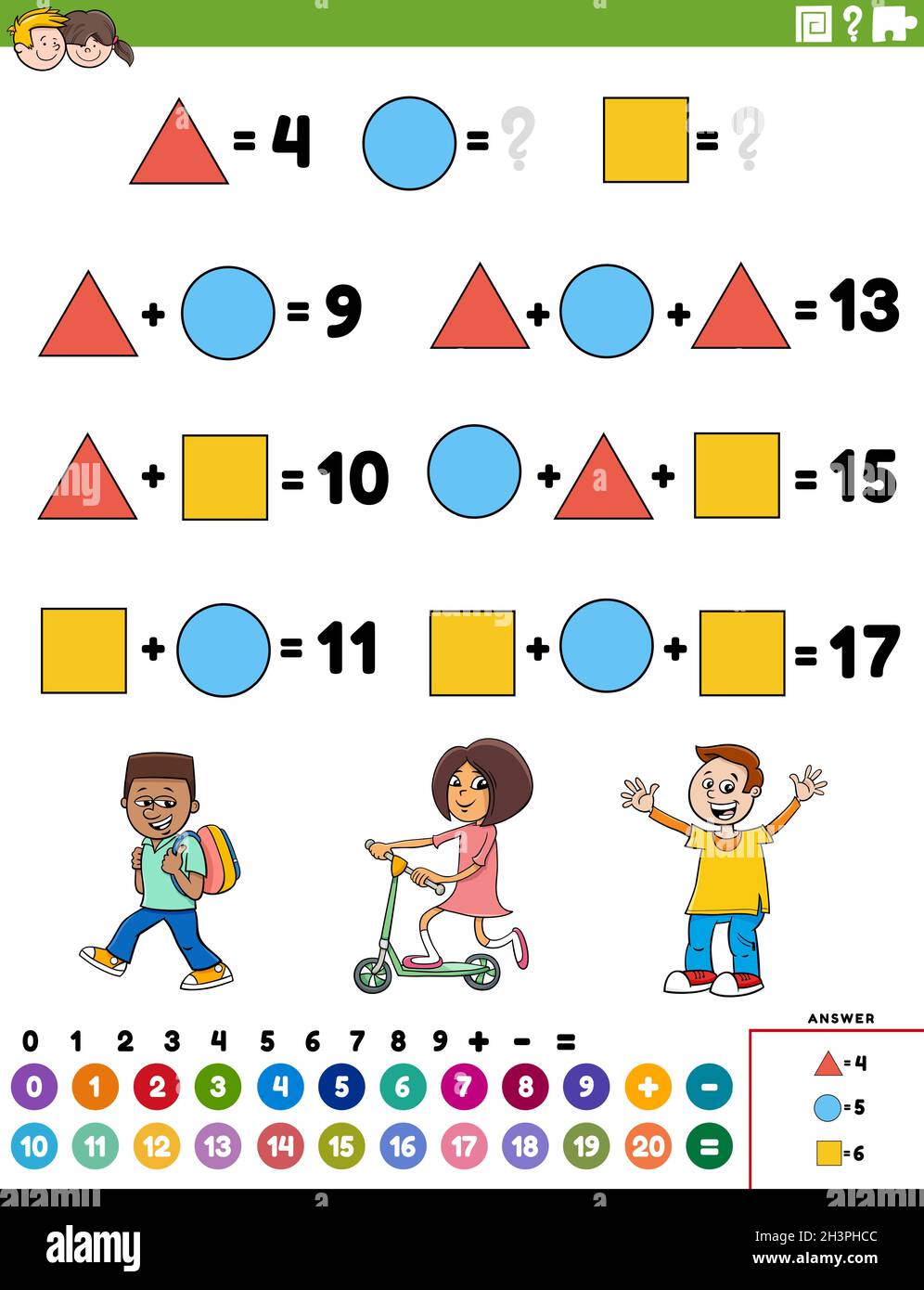 Math addition educational task with children characters Stock Photo - Alamy