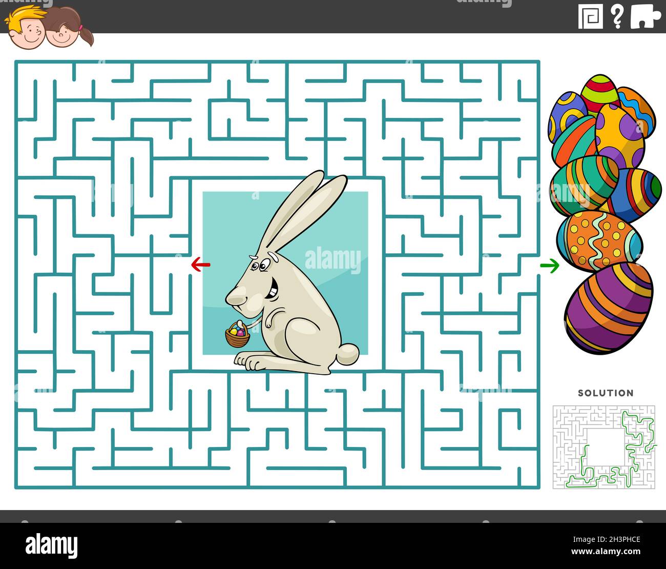 Maze educational game with cartoon Easter bunny and eggs Stock Photo ...