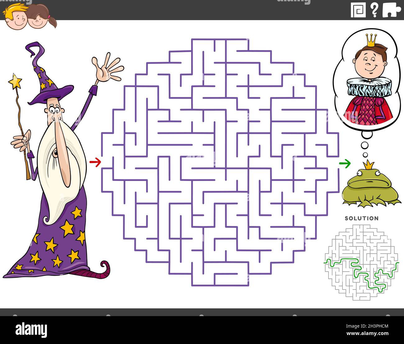 Maze educational game with cartoon wizard and frog prince Stock Photo ...