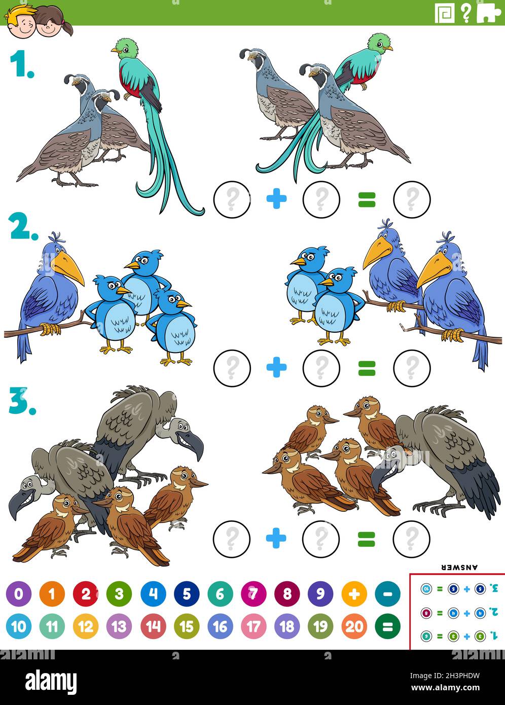 Math addition educational task with birds characters Stock Photo - Alamy
