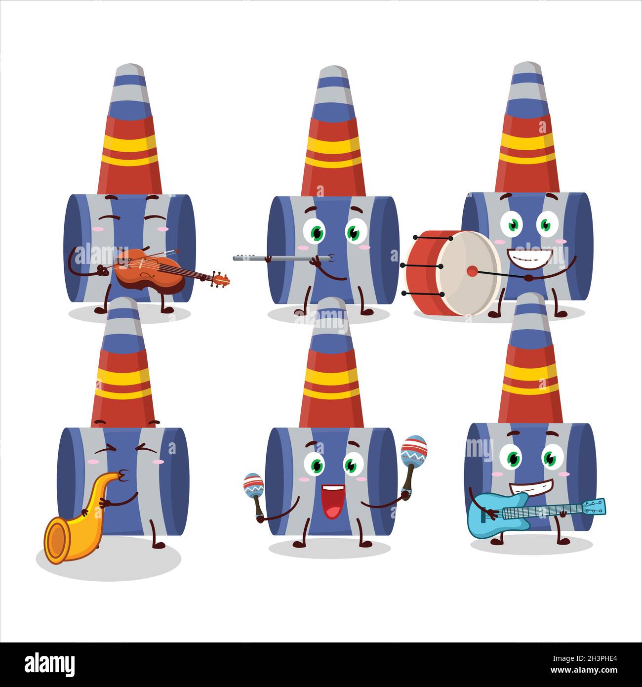Cartoon character of bue party blower playing some musical instruments ...