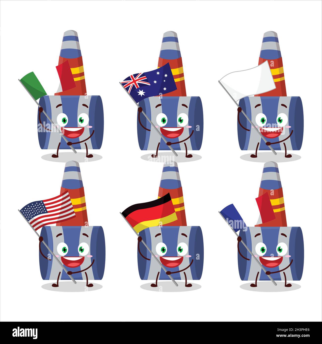 Blue party blower cartoon character bring the flags of various ...