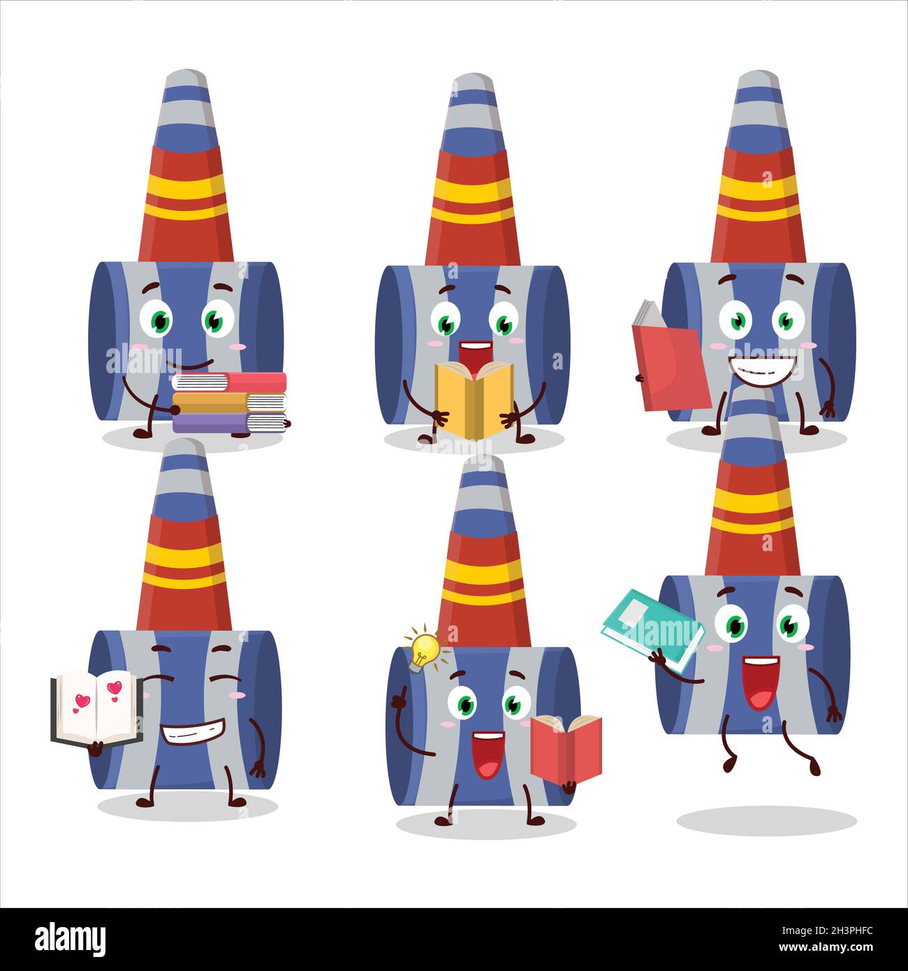 A picture of bue party blower cartoon character concept reading an ...
