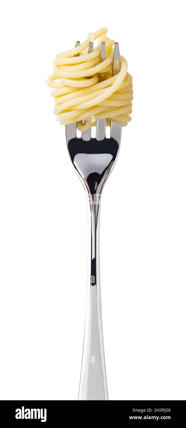 Spaghetti on fork on white background Stock Photo - Alamy