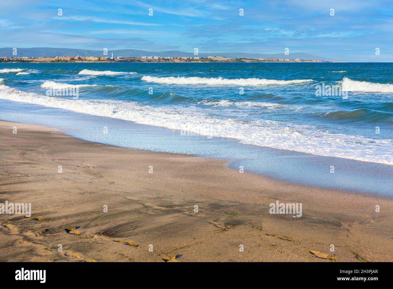 Sandy beach on spit, Pomorie and Aheloy, Bulgaria Stock Photo - Alamy