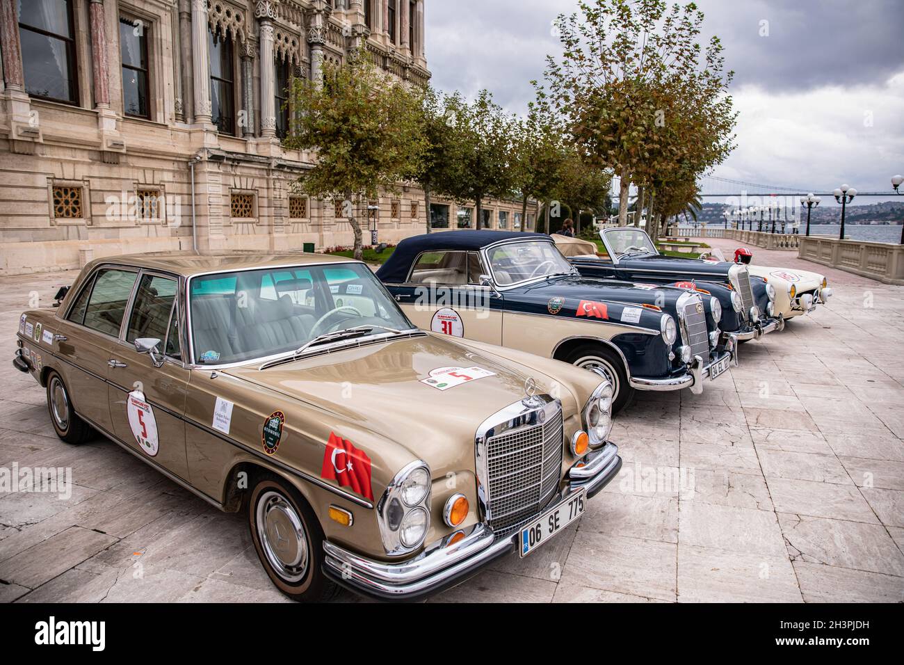 Classic vehicles seen parked at Ciragan Palace in Istanbul.Mercedes ...