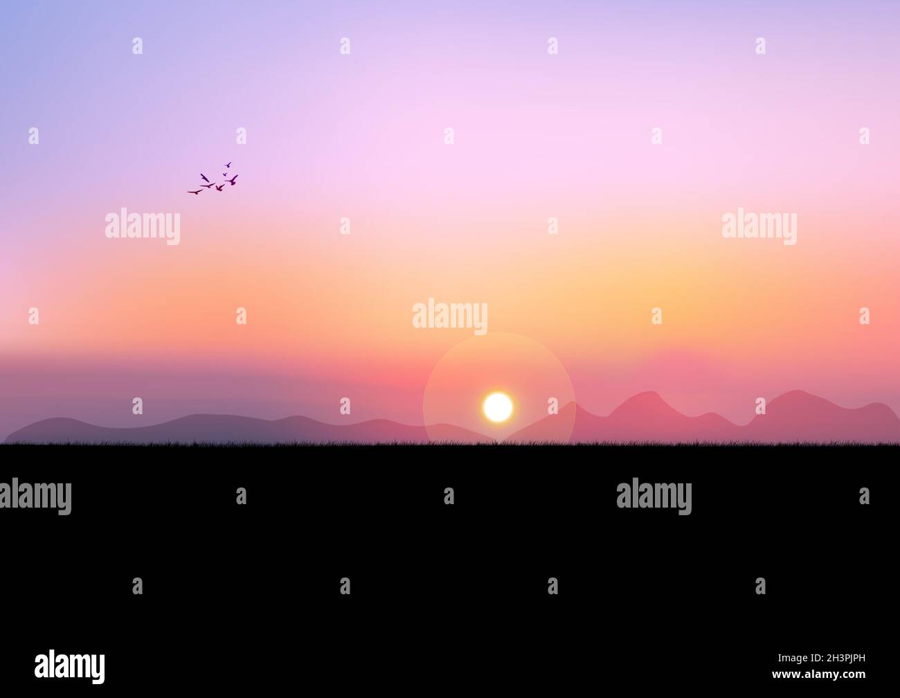 graphics drawing landscape view outdoor and twilight silhouette of ...