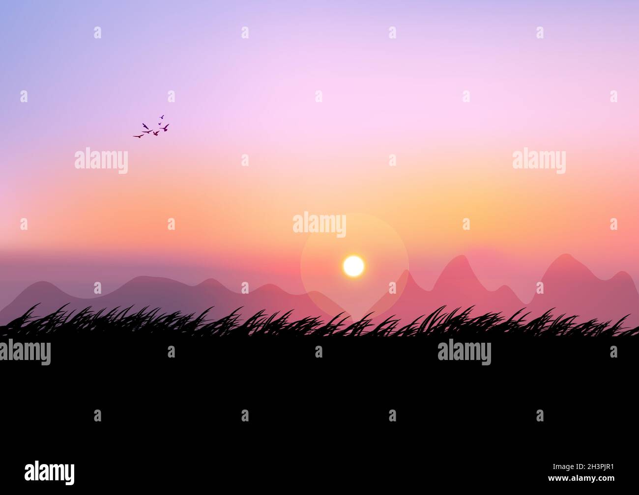 graphics image sunset and light orange silhouette of sunset with dark ...