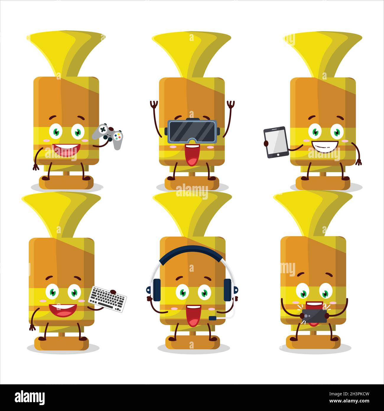 Orange spray trumpet cartoon character are playing games with various ...