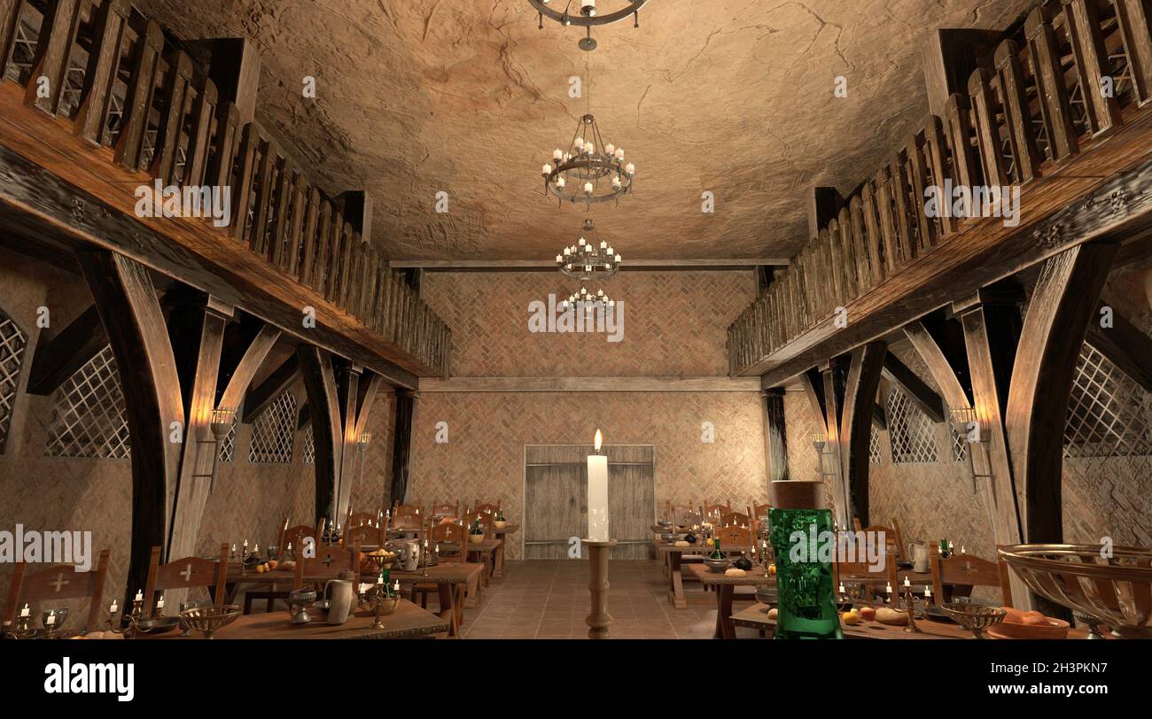 3D illustration medieval castle great hall interior Stock Photo - Alamy