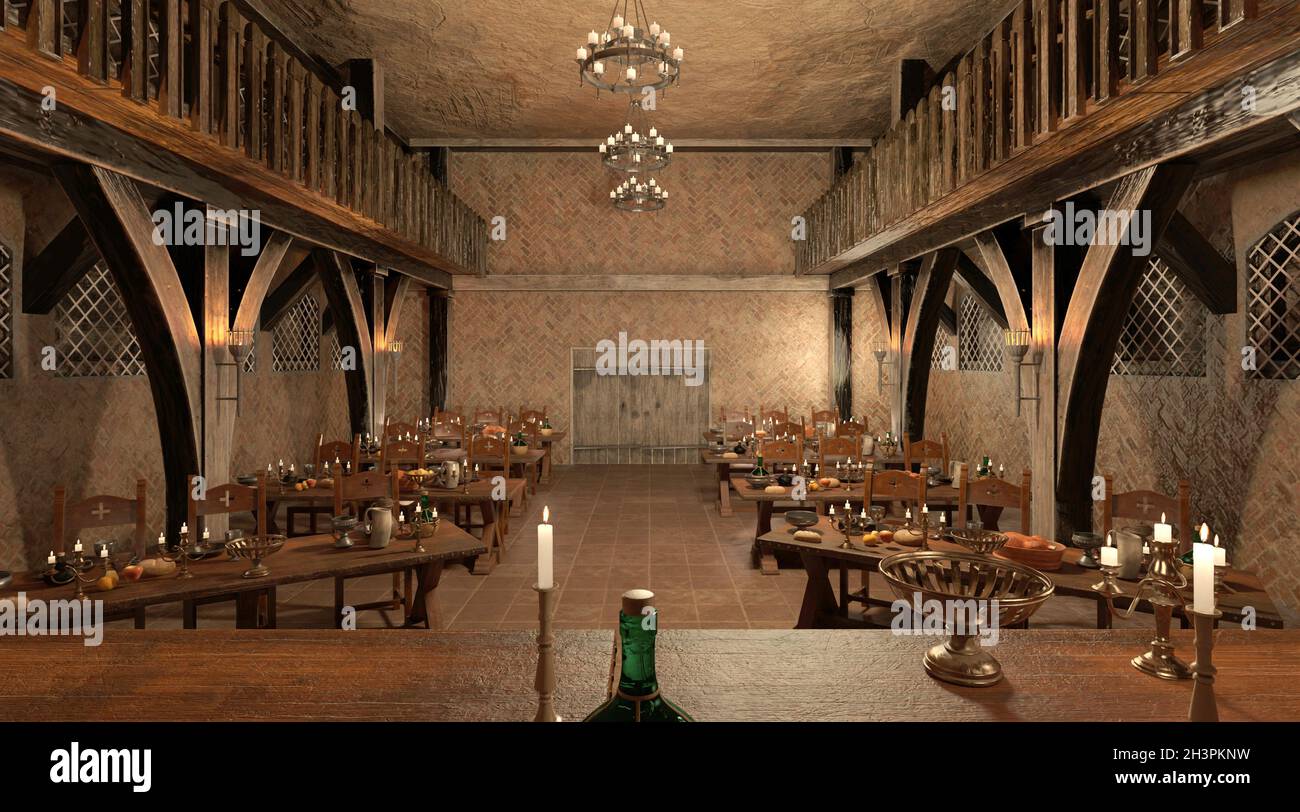 3D illustration medieval castle great hall interior Stock Photo - Alamy