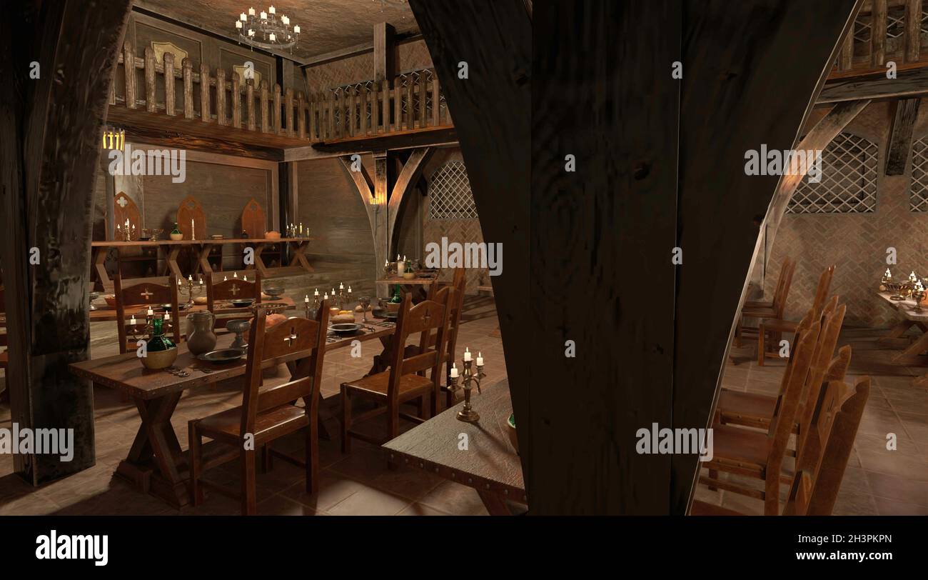 3D illustration medieval castle great hall interior Stock Photo - Alamy