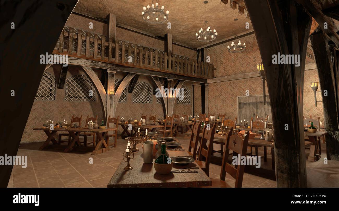 3D illustration medieval castle great hall interior Stock Photo - Alamy