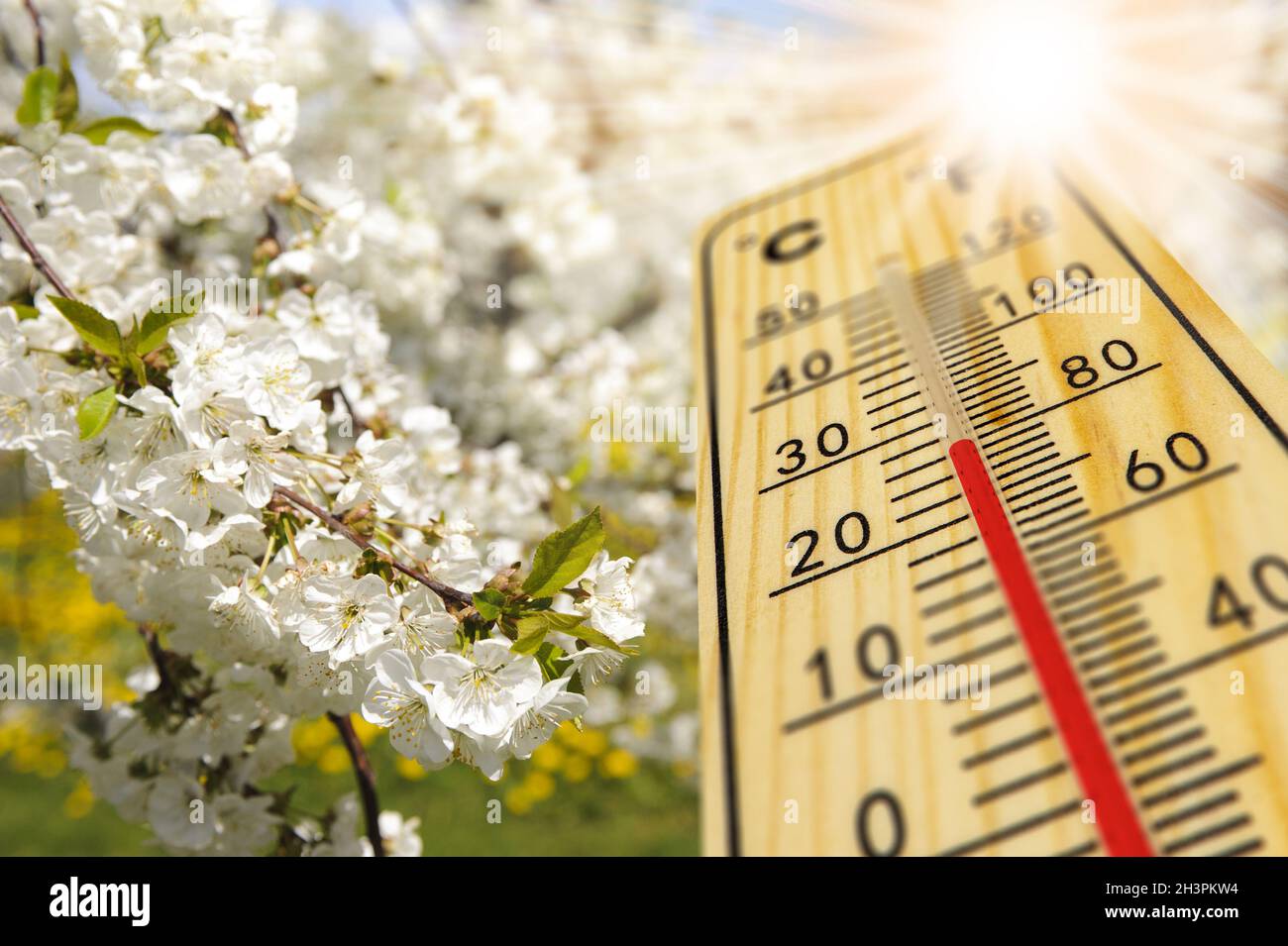 Warm temperature on thermometer at springtime Stock Photo - Alamy