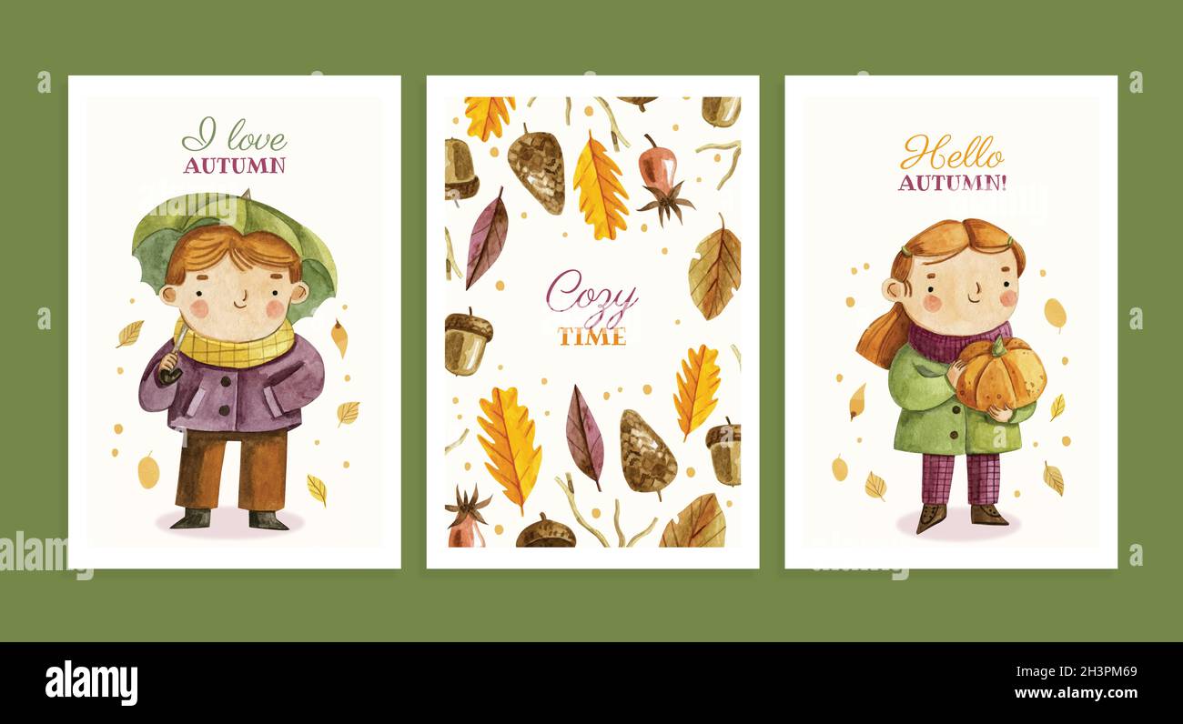 watercolor autumn cards collection vector design illustration Stock ...