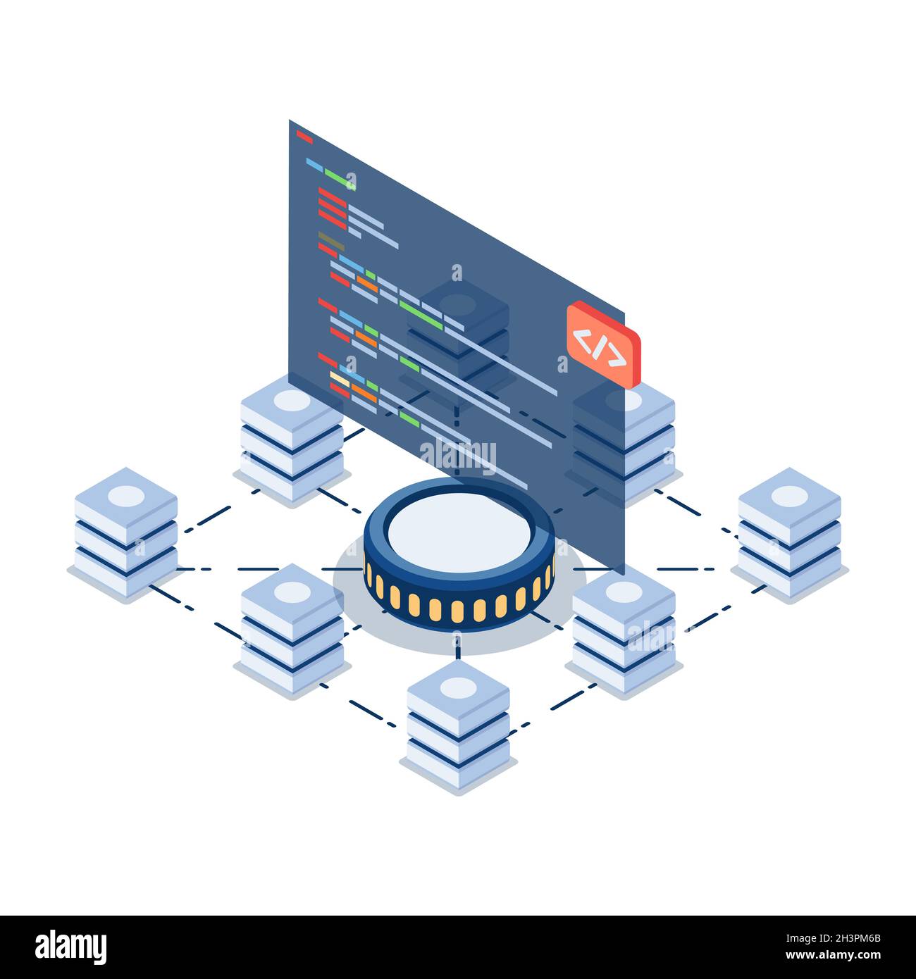 Flat 3d Isometric Computer Code Over Blockchain Technology. Blockchain ...