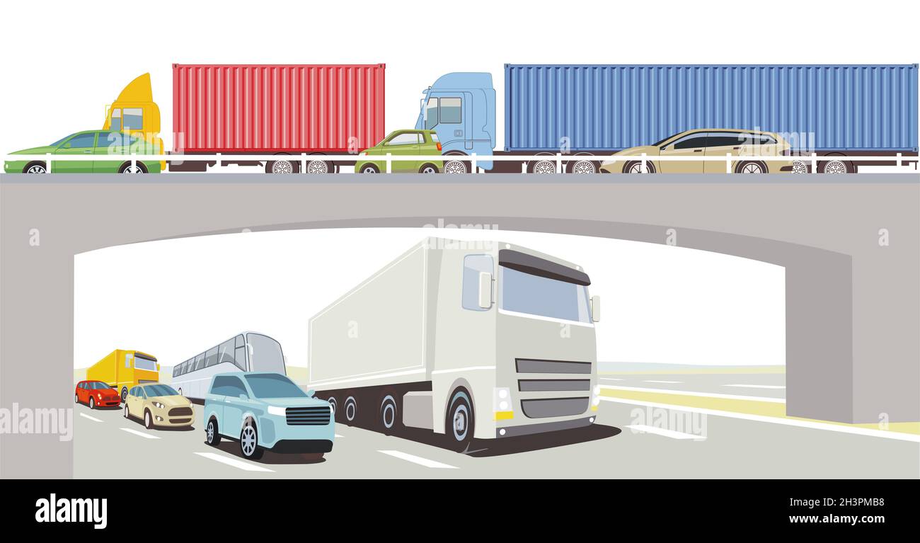 Motorway bridge with truck, bus and passenger car Stock Photo - Alamy