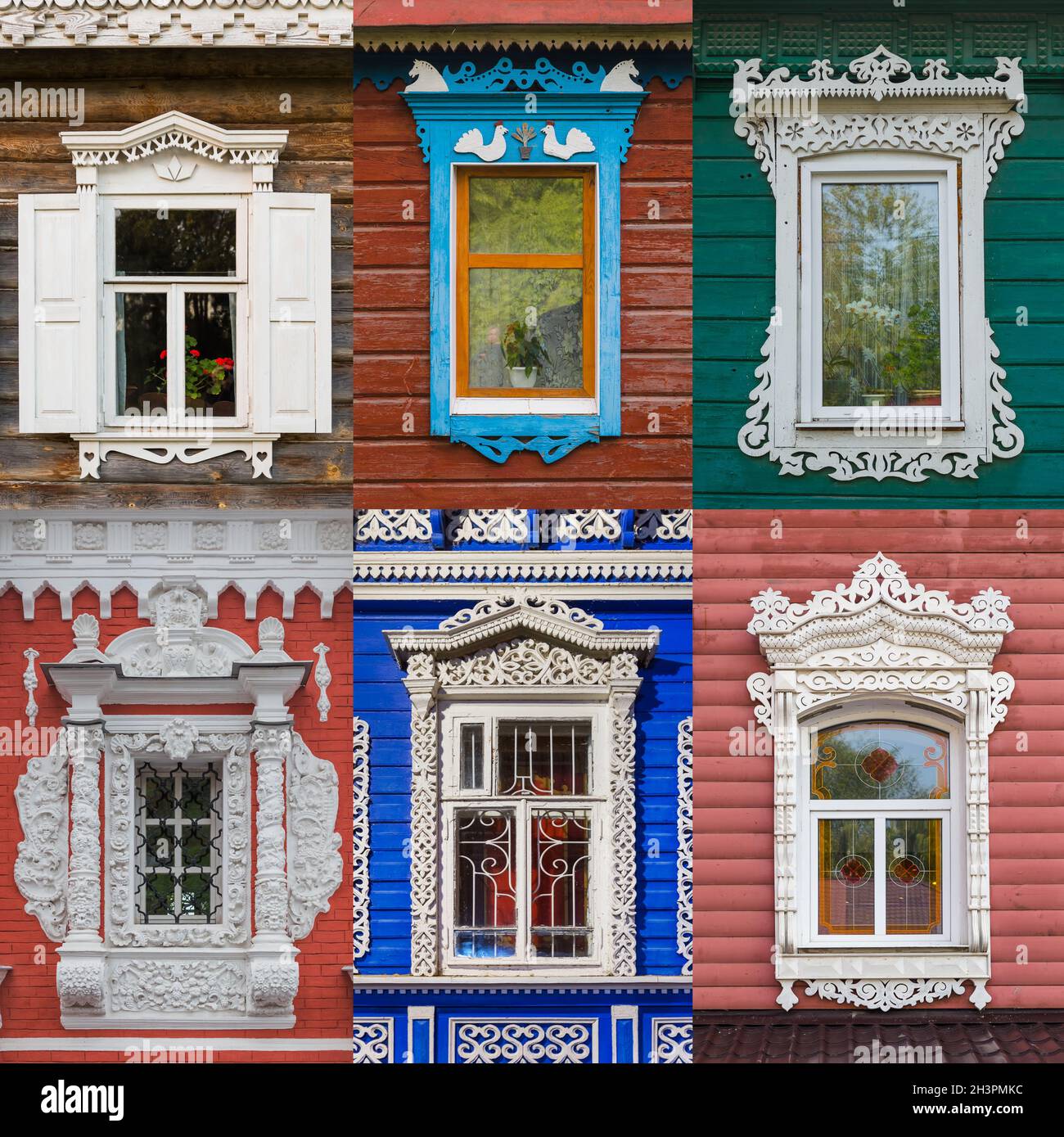 Windows of old russian wooden houses Stock Photo - Alamy