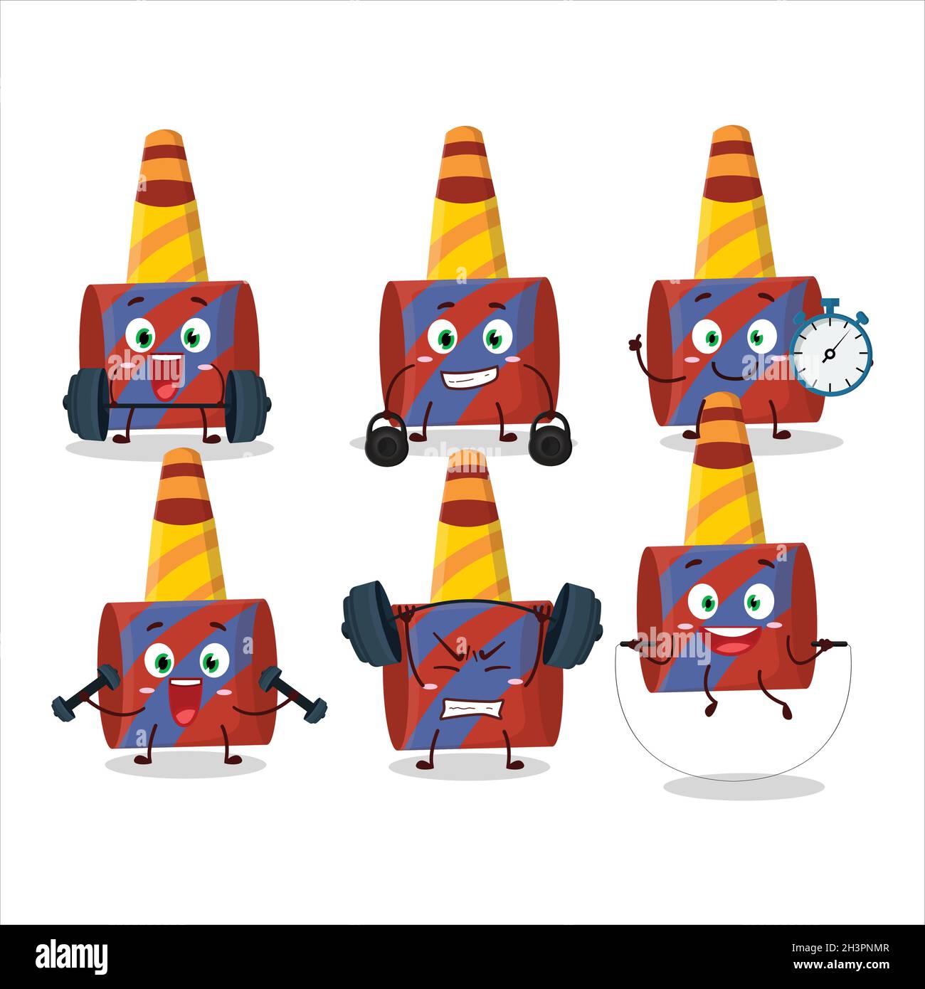 A healthy red party blower cartoon style trying some tools on Fitness ...