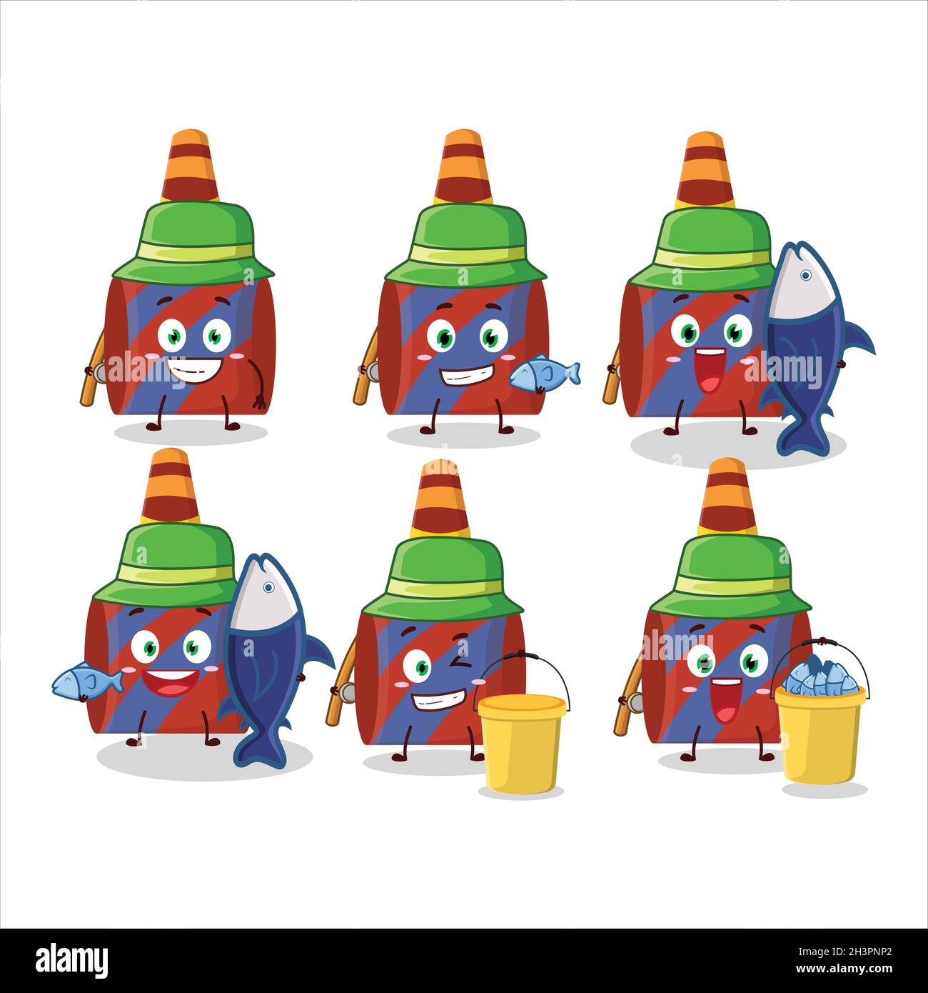 A fisherman red party blower cartoon picture catch a big fish. Vector ...