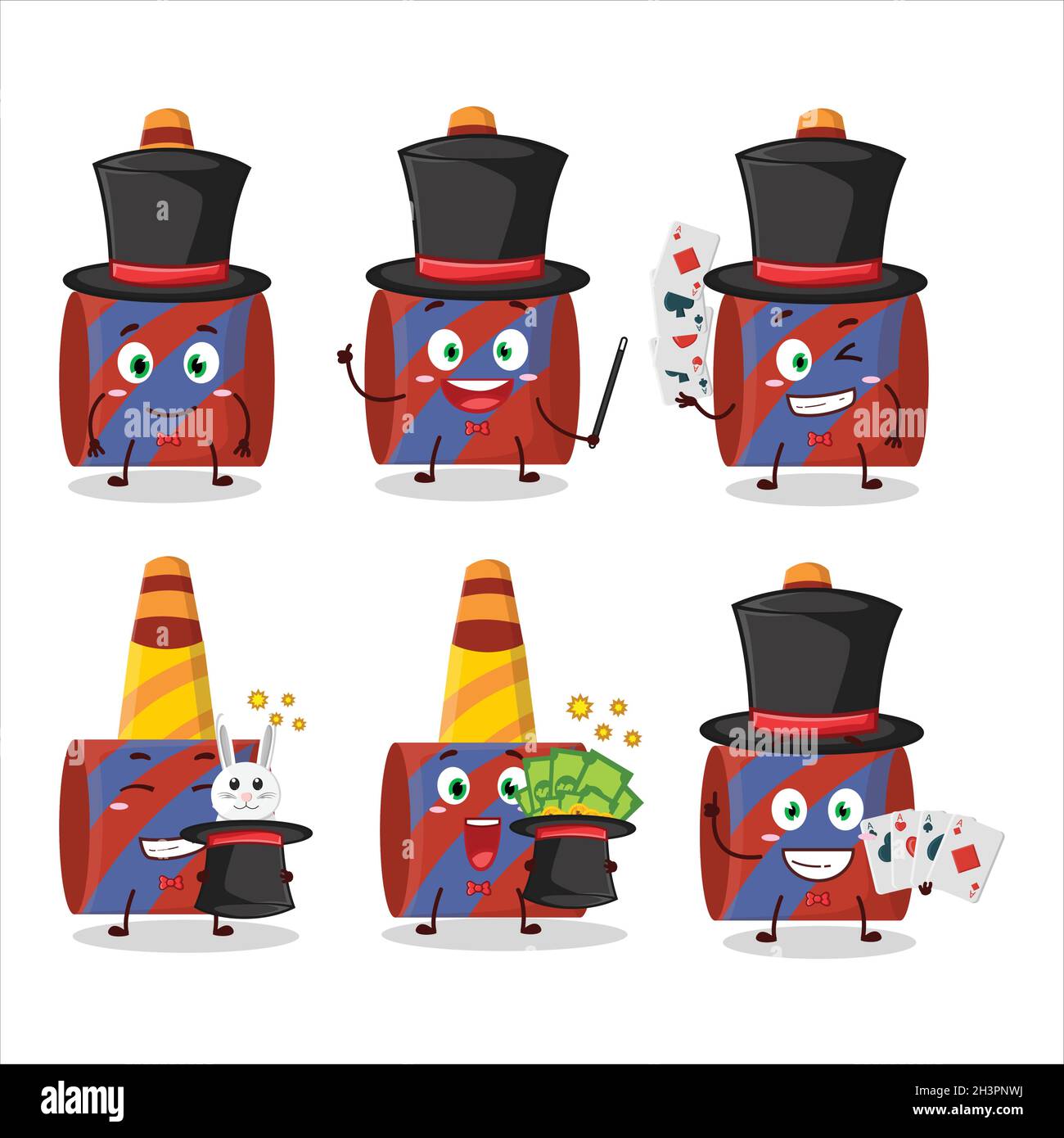 A red party blower Magician cartoon character perform on a stage ...