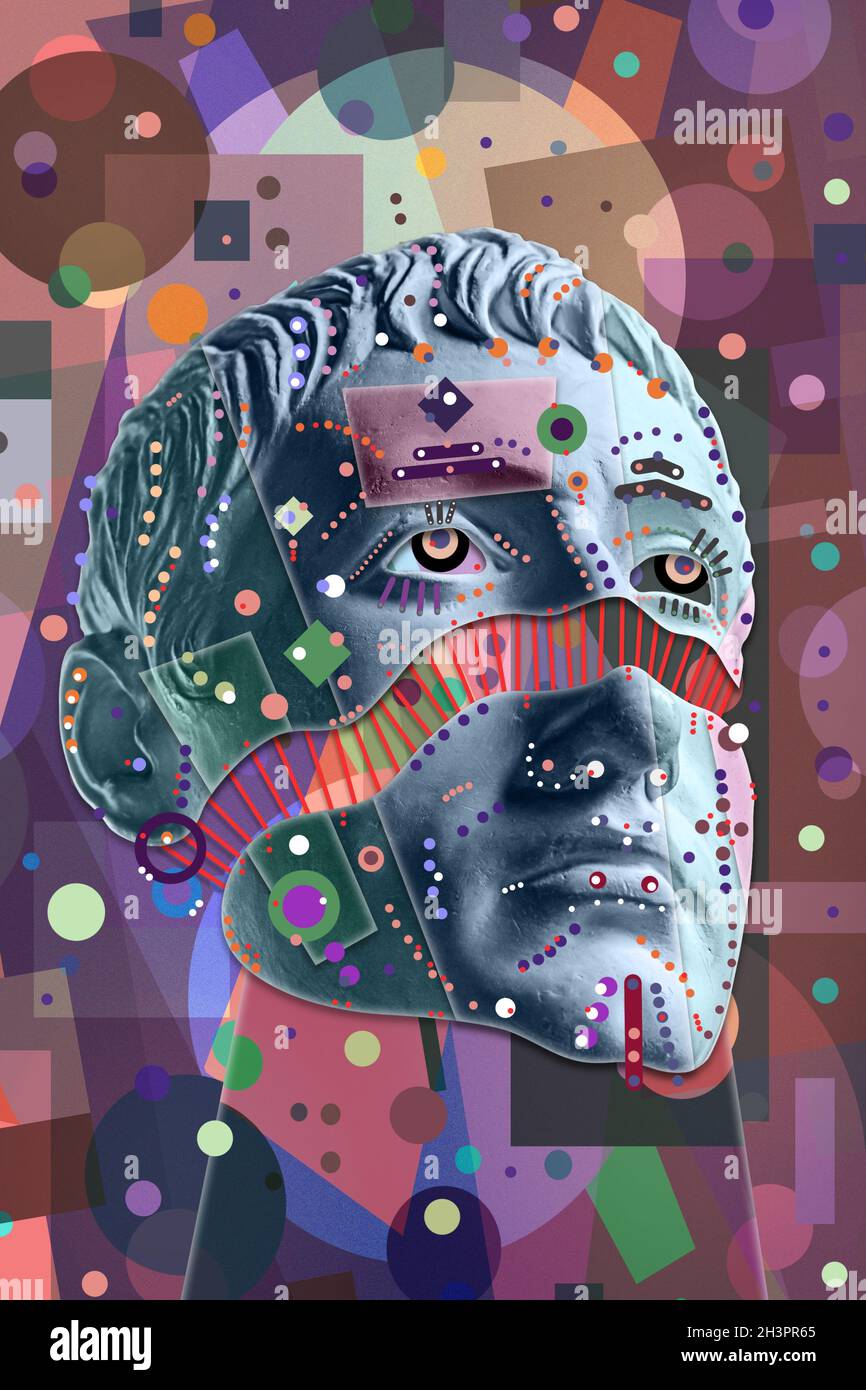 Collage with sculpture of human face in a pop art style. Modern ...