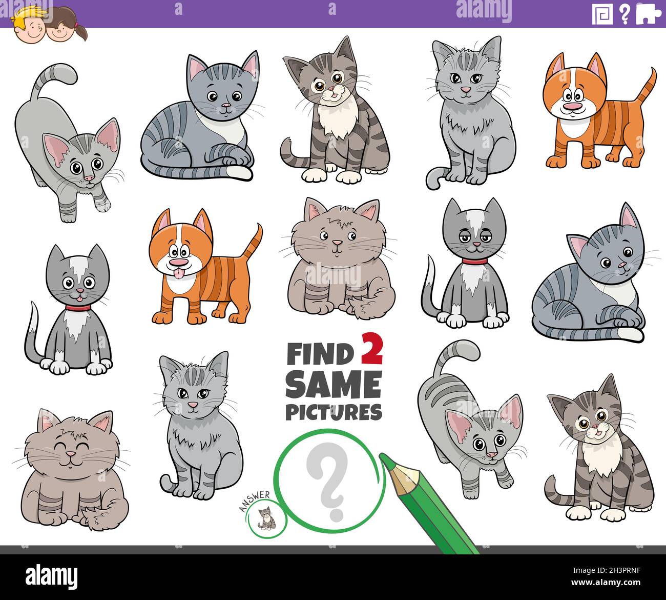Find two same cartoon cats characters educational game Stock Photo - Alamy