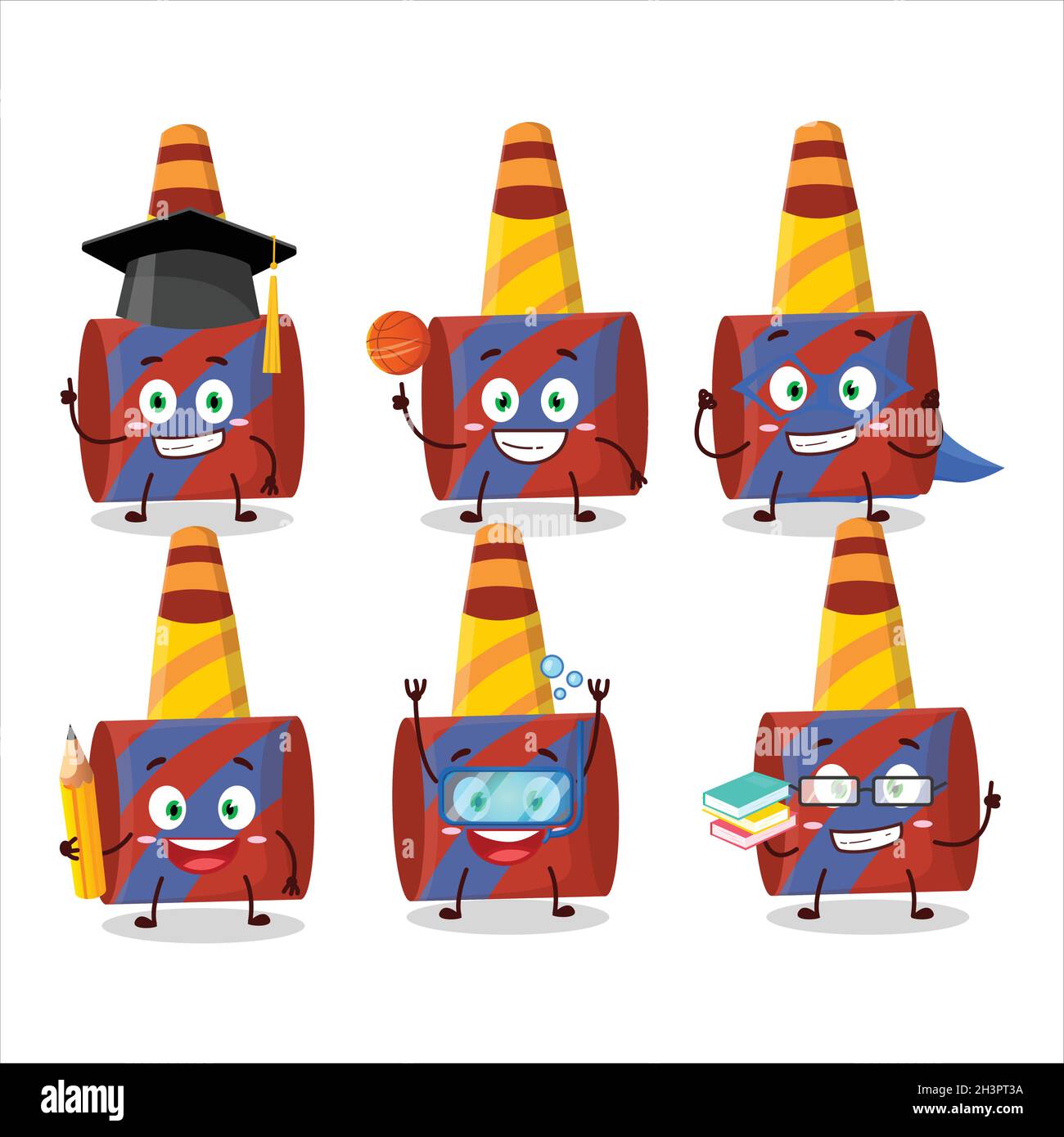 School student of red party blower cartoon character with various ...