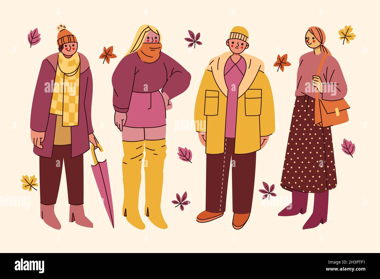 hand drawn flat people autumn set vector design illustration Stock ...