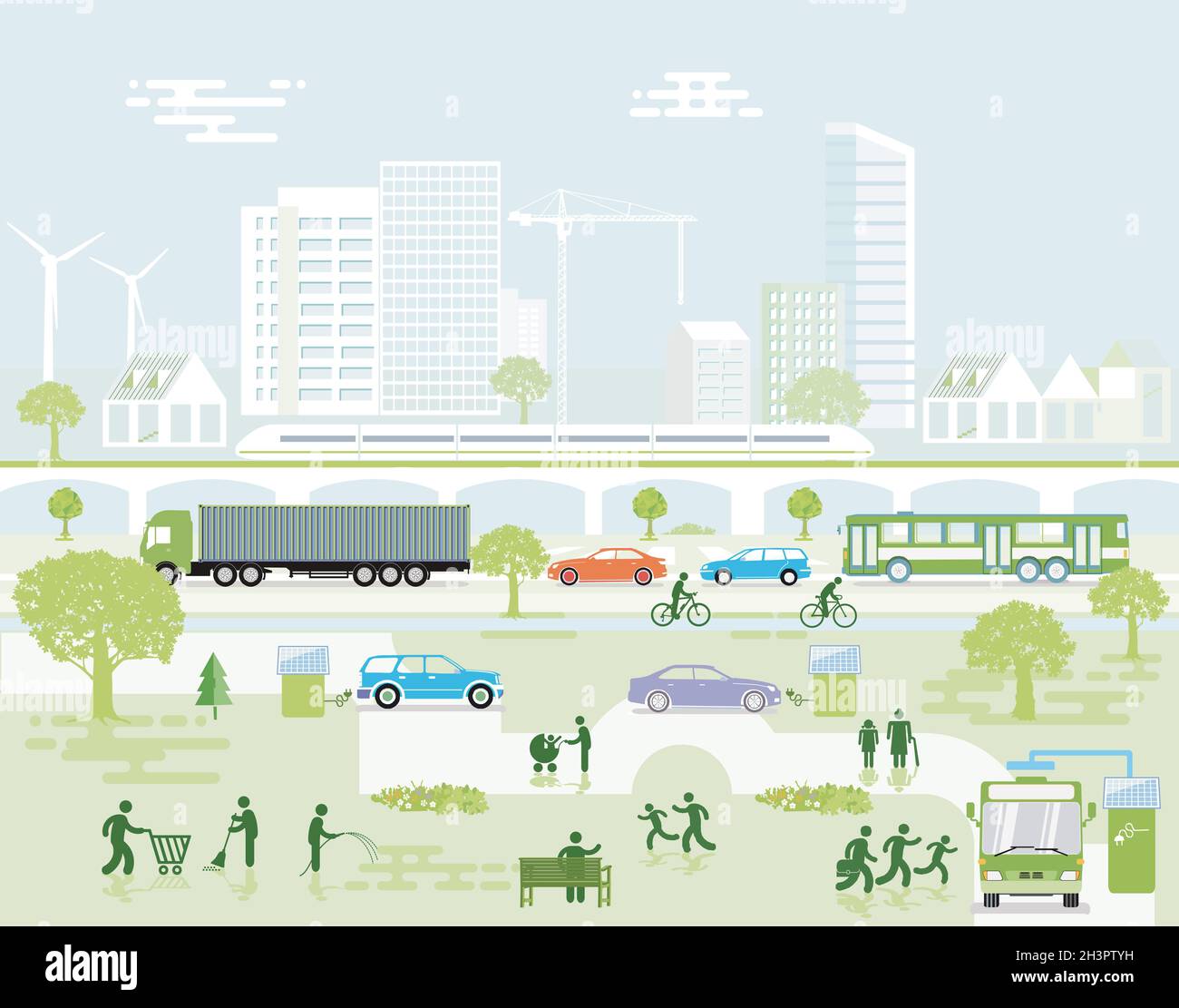 Ecological City landscape with road traffic and pedestrians ...