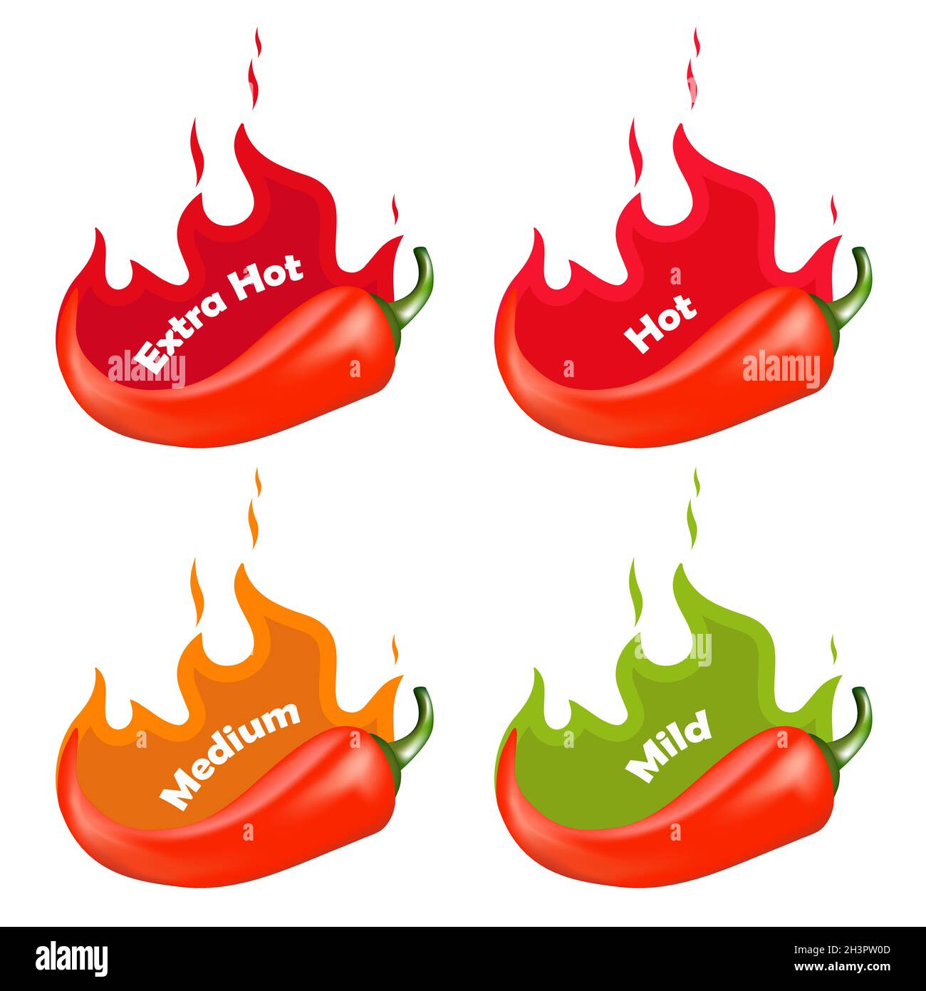 Chili Pepper Spice Levels. Hot pepper sign with fire flame for packing ...