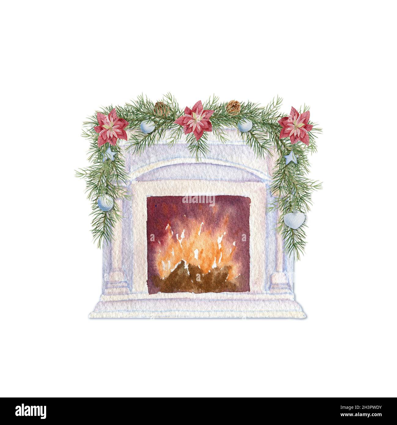 Fireplace with Christmas garland of fir branches and poinsettia flowers ...