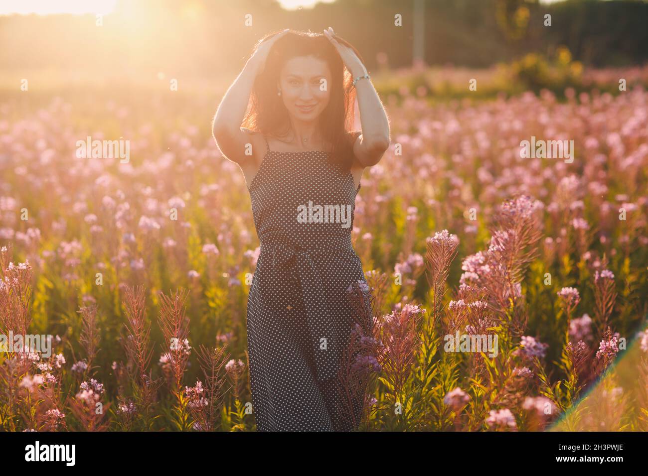Female brunette on spring blooming sally flower field. Lilac flowers ...