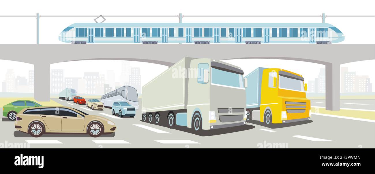 Motorway bridge with express train, truck, bus and passenger car Stock ...