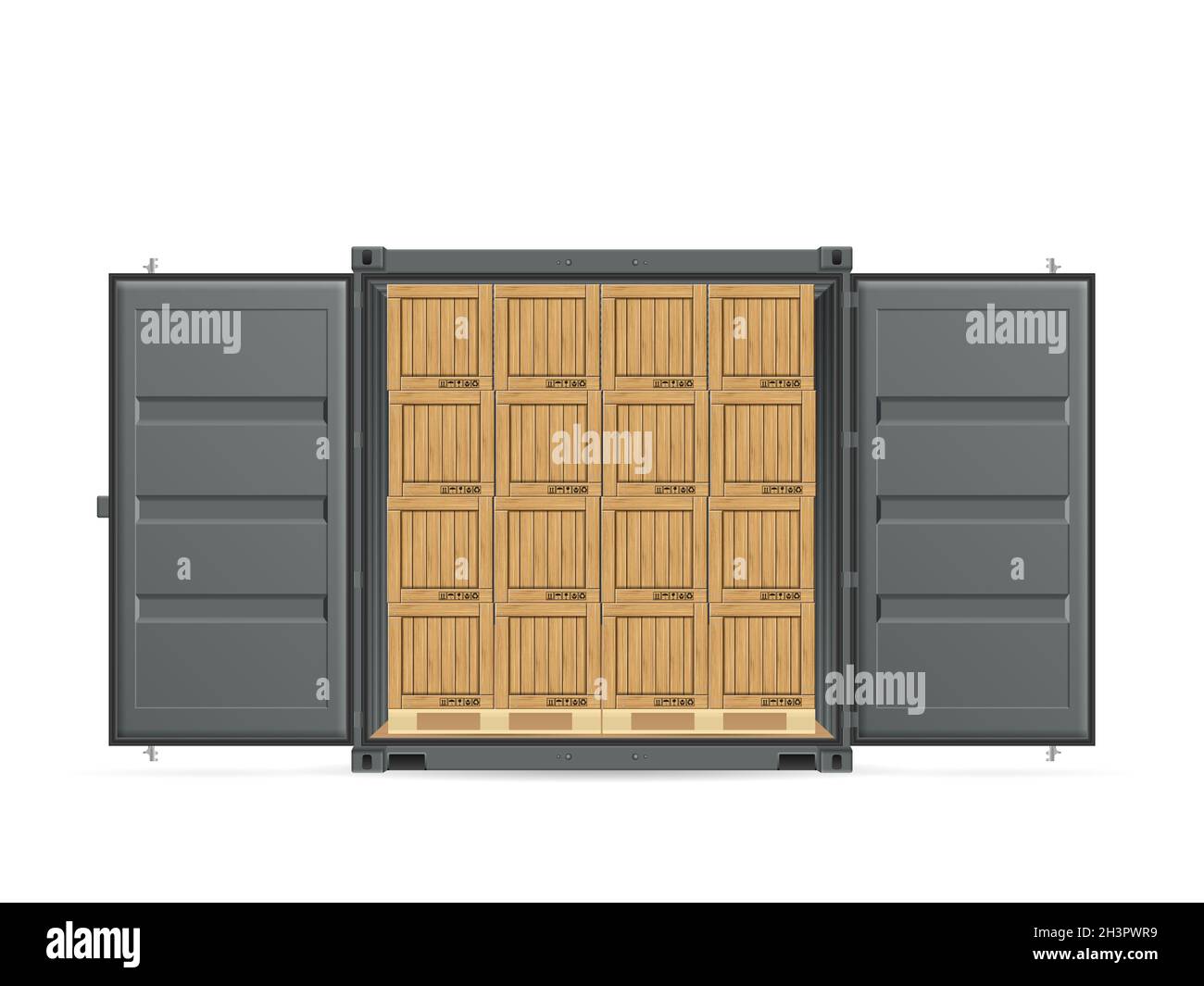 Open shipping cargo container with wooden boxes on a white background ...