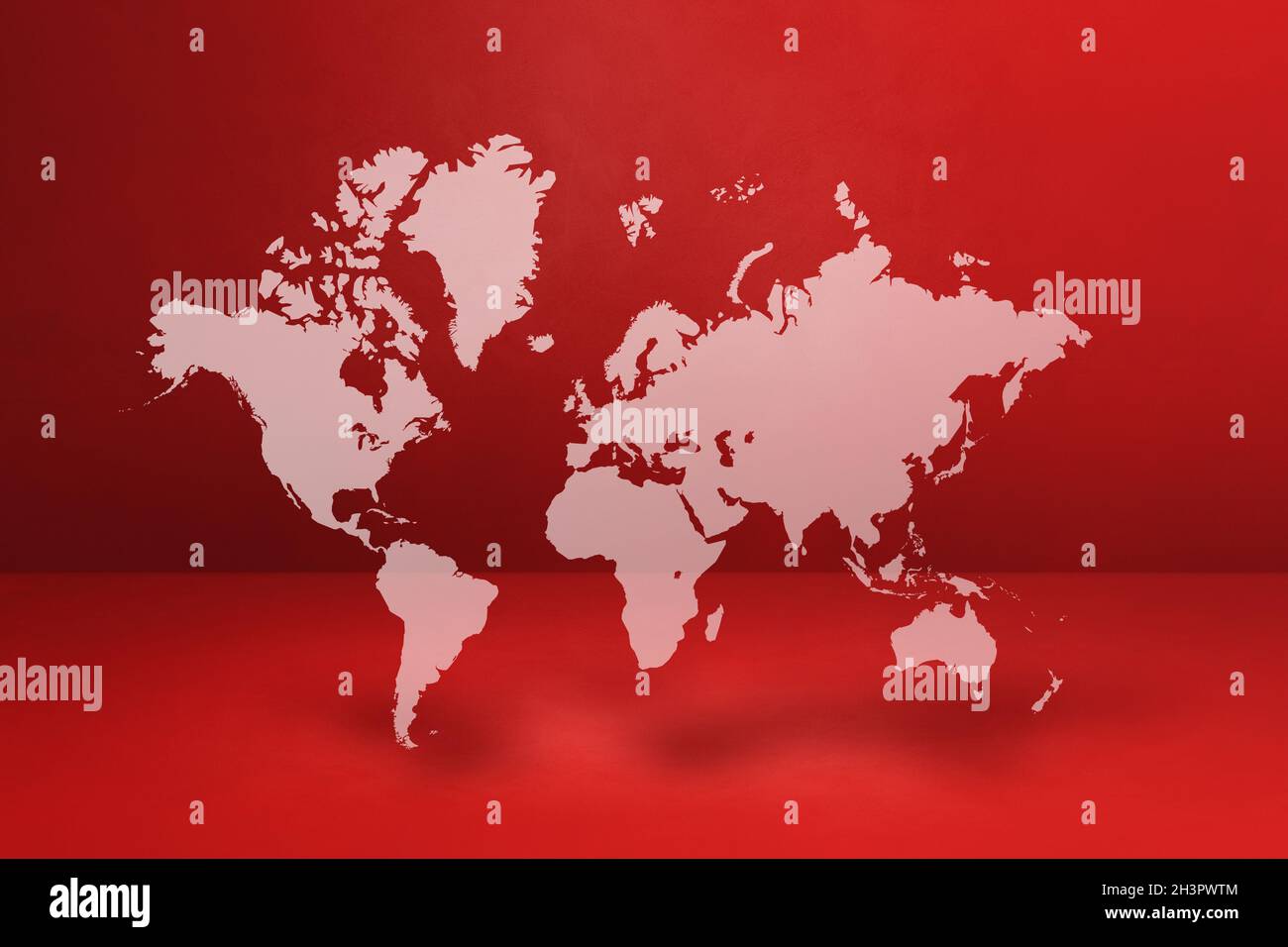 World map on red wall background. 3D illustration Stock Photo - Alamy