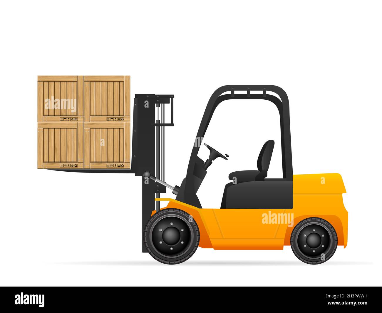 Forklift with wooden boxes on a white background Stock Photo - Alamy