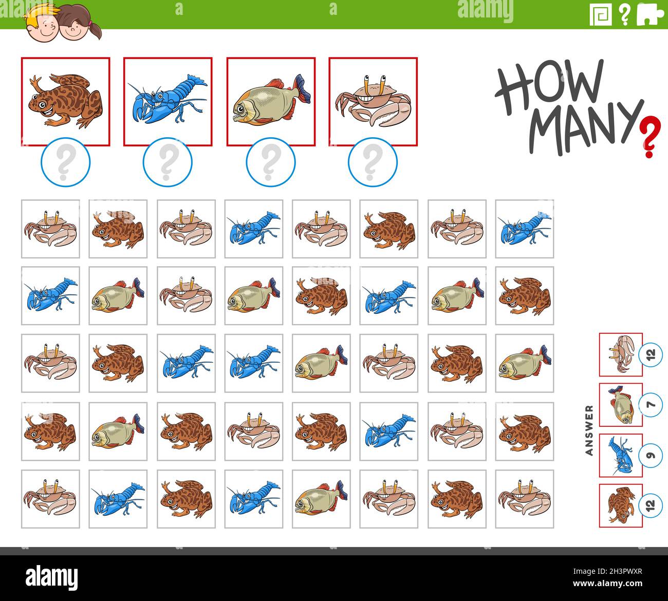 How many cartoon animal characters counting task Stock Photo - Alamy