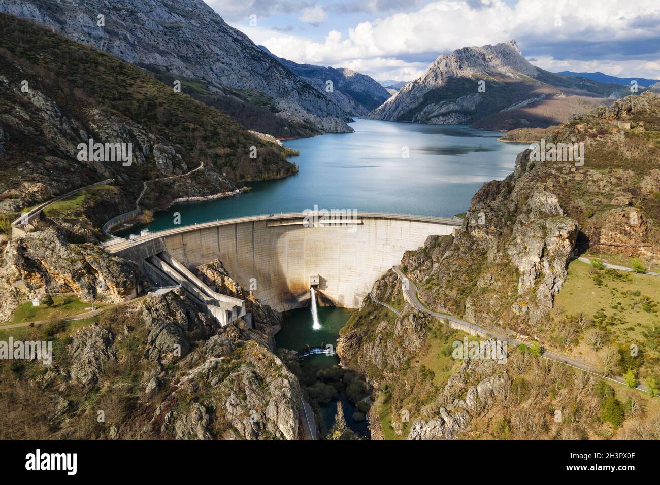 Aerial view of Water dam and reservoir lake, generating hydro ...